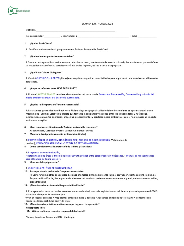 Examen Earthcheck 2022 | PDF | Sustentabilidad | Turismo