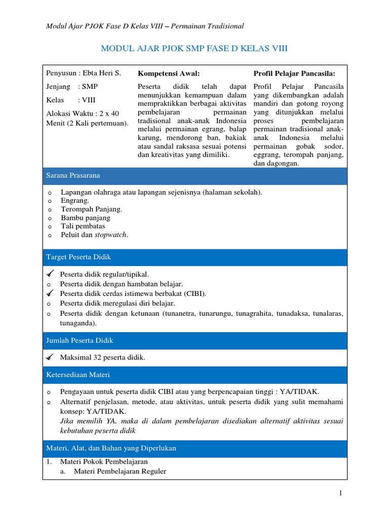 09 Final MA - EbtaHeri - PJOK - PERMAINAN TRADISIONAL - SMP - D - VIII | PDF