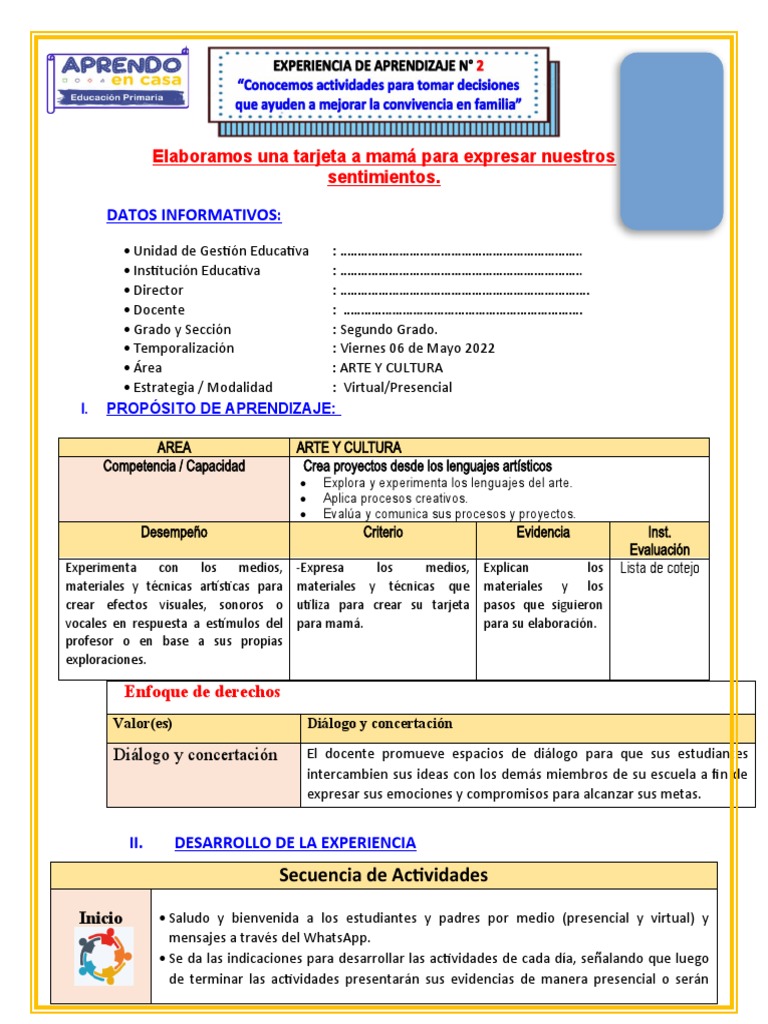 Sesion 06 De Mayo Arte Elaboramos Una Tarjeta A Mamá Pdf Evaluación
