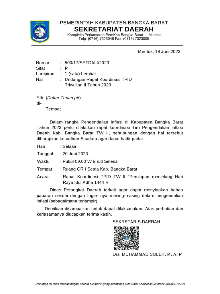 Undangan Rapat Koordinasi TPID 2023 | PDF