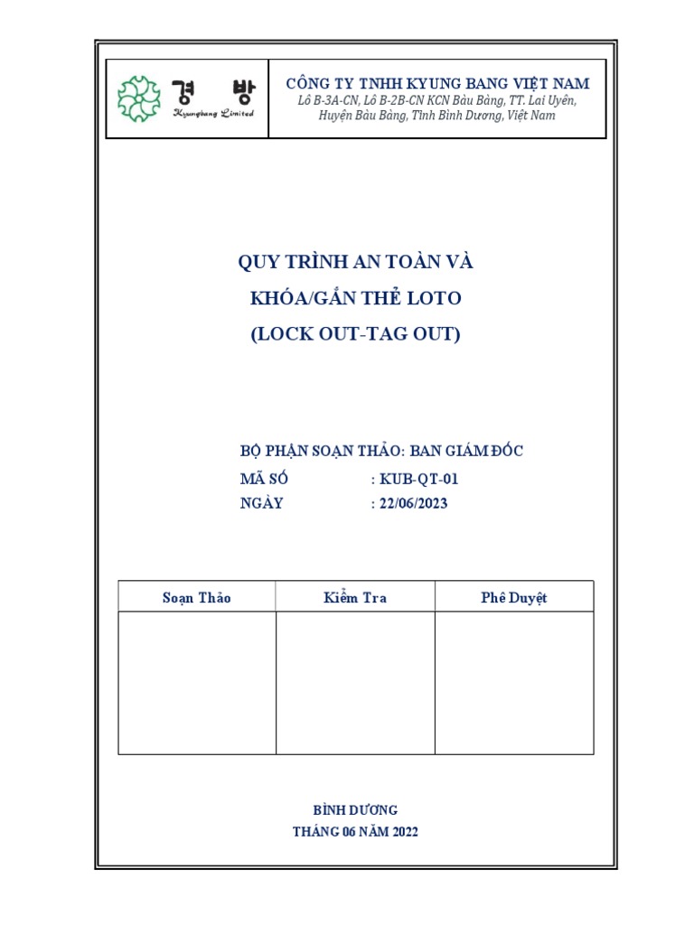 QUY TRÌNH AN TOÀN VÀ KHÓA-GẮN THẺ LOTO (LOCK OUT - TAG OUT) | PDF