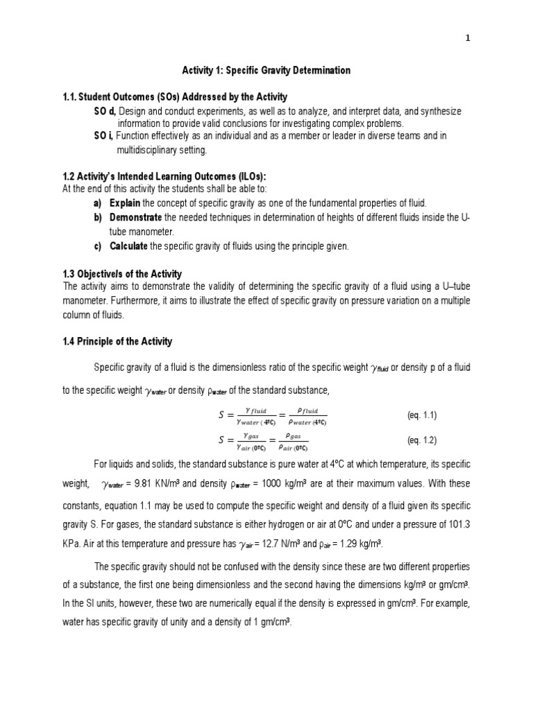 Engineering Lab: Specific Gravity | PDF | Density | Pressure Measurement