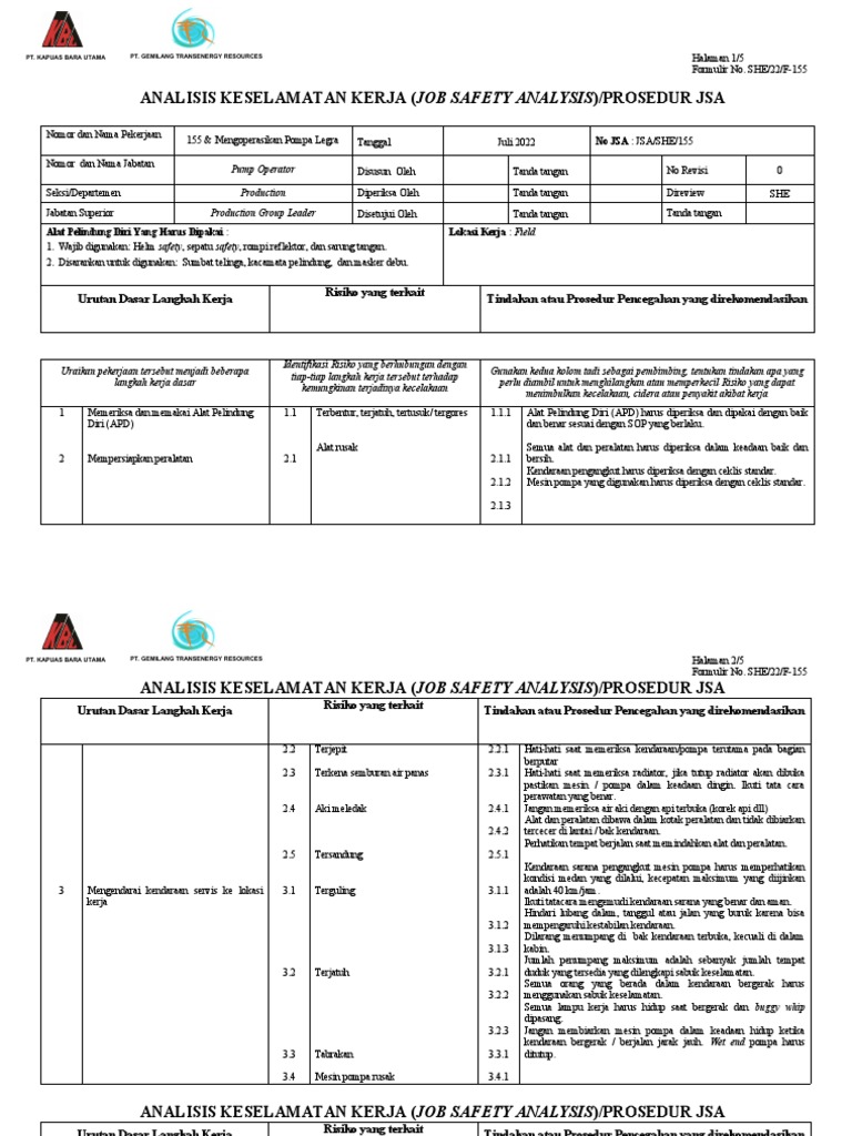 JSA Mengoperasikan Pompa Legra | PDF
