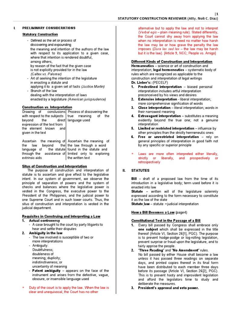 STATUTORY CONSTRUCTION REVIEWER (Atty. Noli C. Diaz) | PDF | Bill (Law ...
