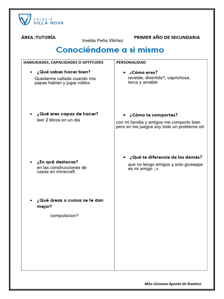 1s Ficha de Trabajo - Conociendome A Mi Mismo | PDF