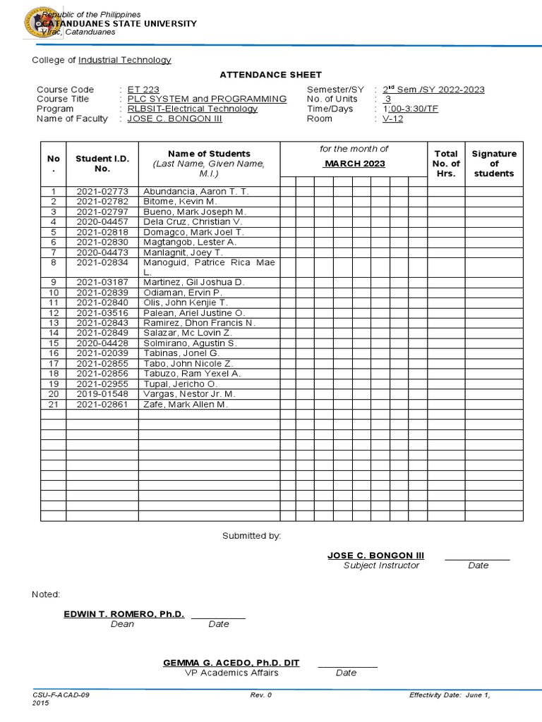 Attendance Sheet 2023 | PDF