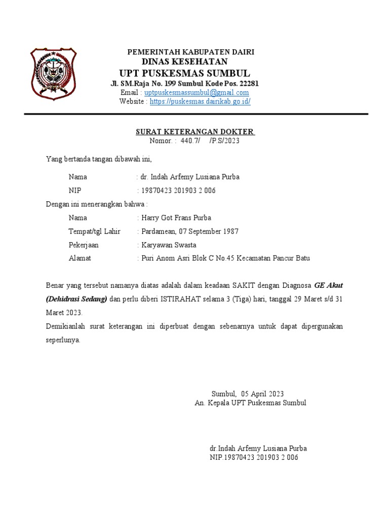 Surat Keterangan Sakit dr. Indah Purba | PDF