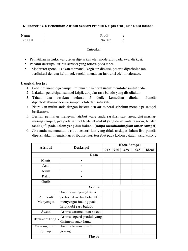 Kuisioner Atribut Sensori Kripik Ubi Balado | PDF | Memasak, Makanan ...