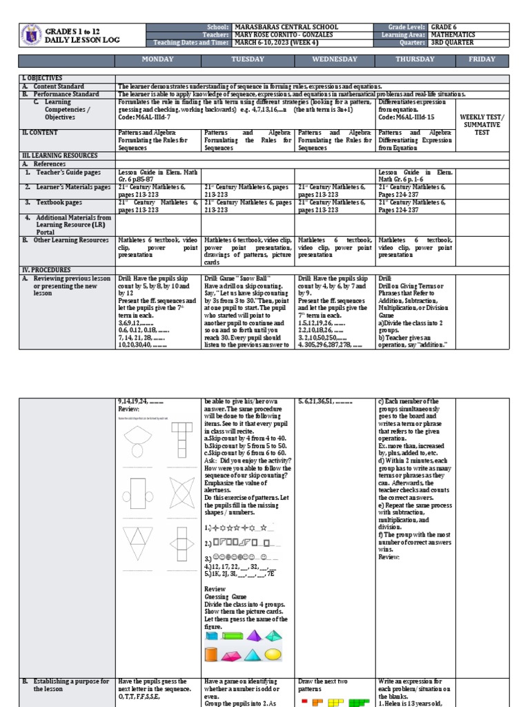 DLL - Math 6 - Q3 - W4 | PDF | Equations | Mathematics