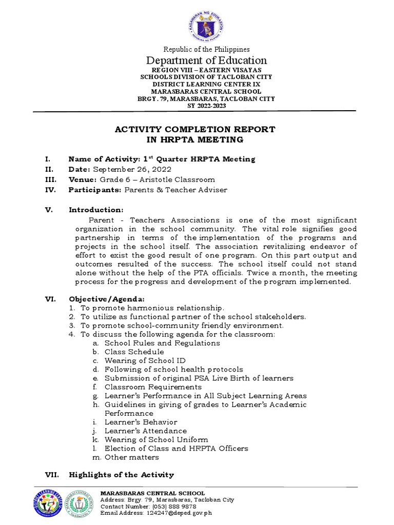 ACTIVITY COMPLETION REPORT IN HRPTA MEETING | PDF | Learning | Classroom