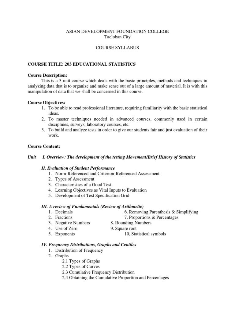Educational Statistics Course Syllabus | PDF | Statistics | Variance