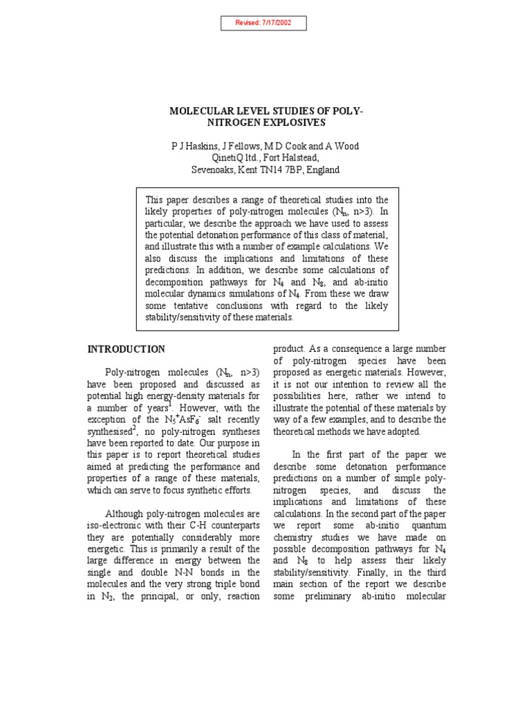 Molecular Level Studies of Poly-Nitrogen Explosives | Download Free PDF ...
