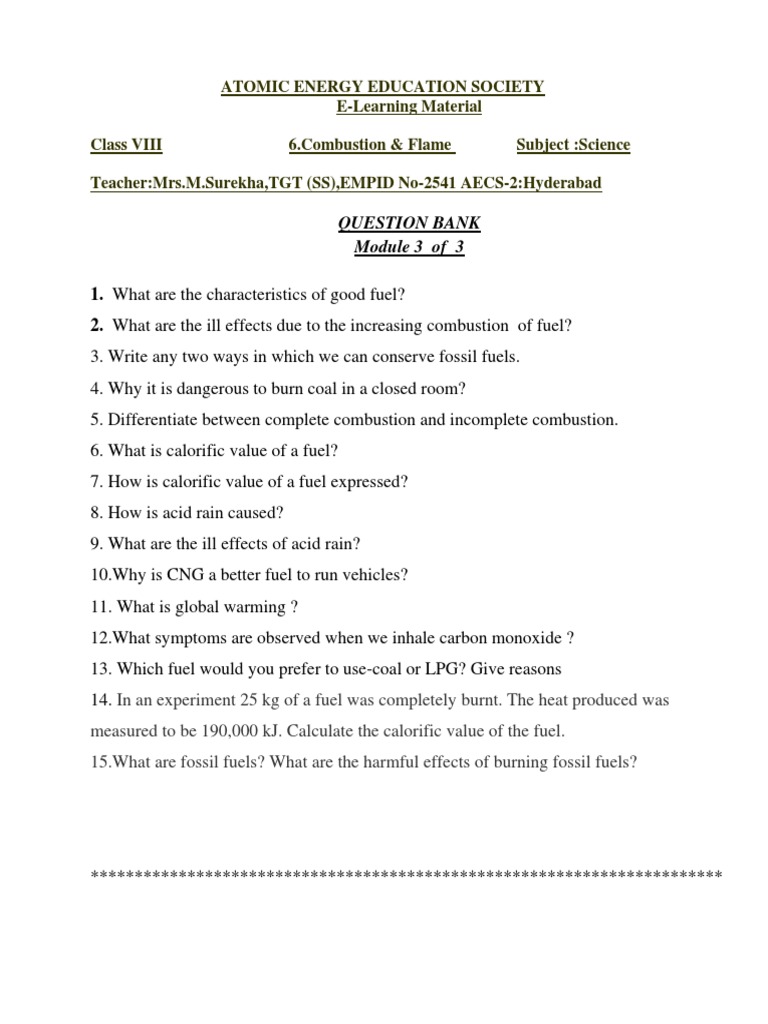 3 of 3 Worksheet Class Viii Science L-6combustion and Flame | PDF ...