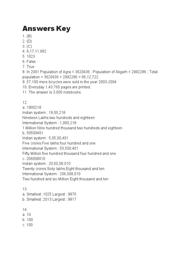 Answers Key of CH 1 Revison Test | PDF