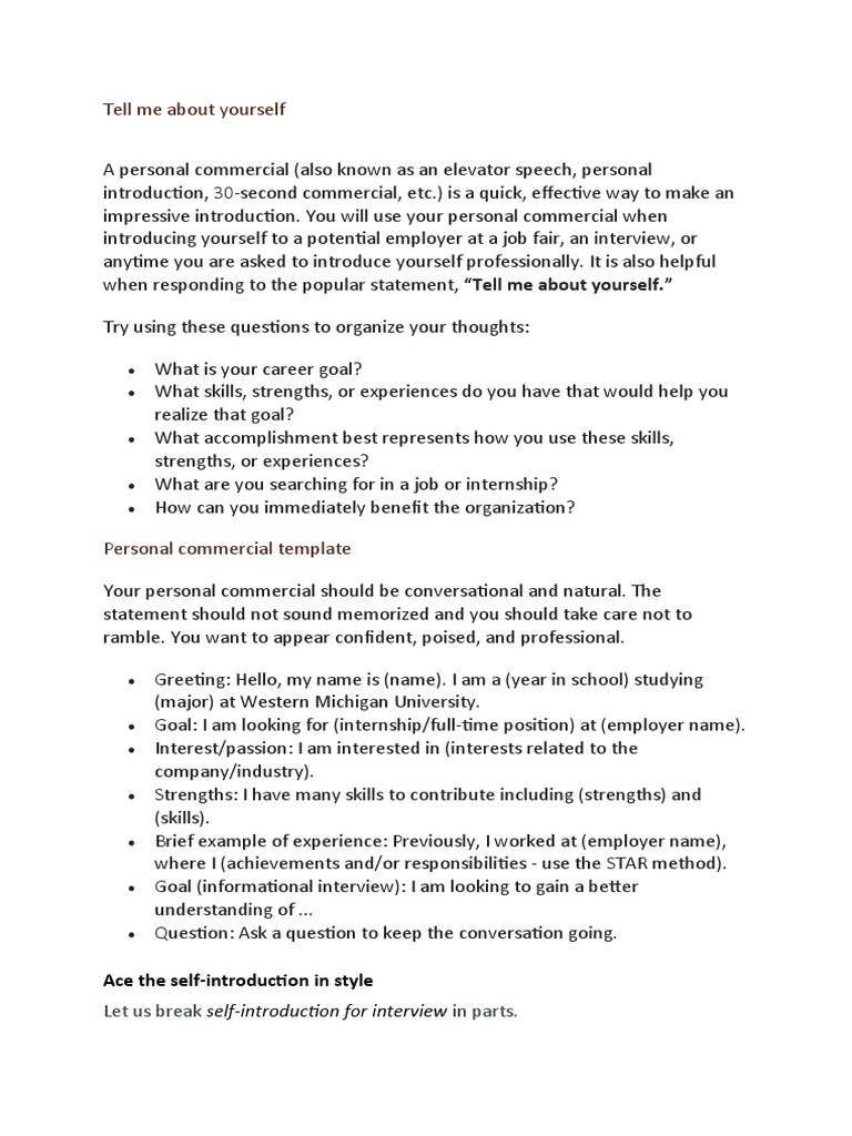 Tell Me About Yourself | PDF | Internship | Job Hunting
