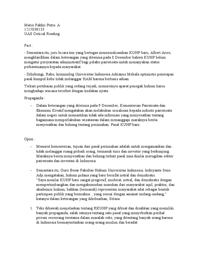 UAS Crit. Reading - Mario Fakhri Putra. A - 1215030+33 | PDF | Ilmu Sosial