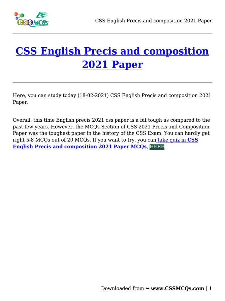 CSS English Precis and Composition 2021 Paper | PDF CSS English Precis and Composition 2021 Paper | PDF