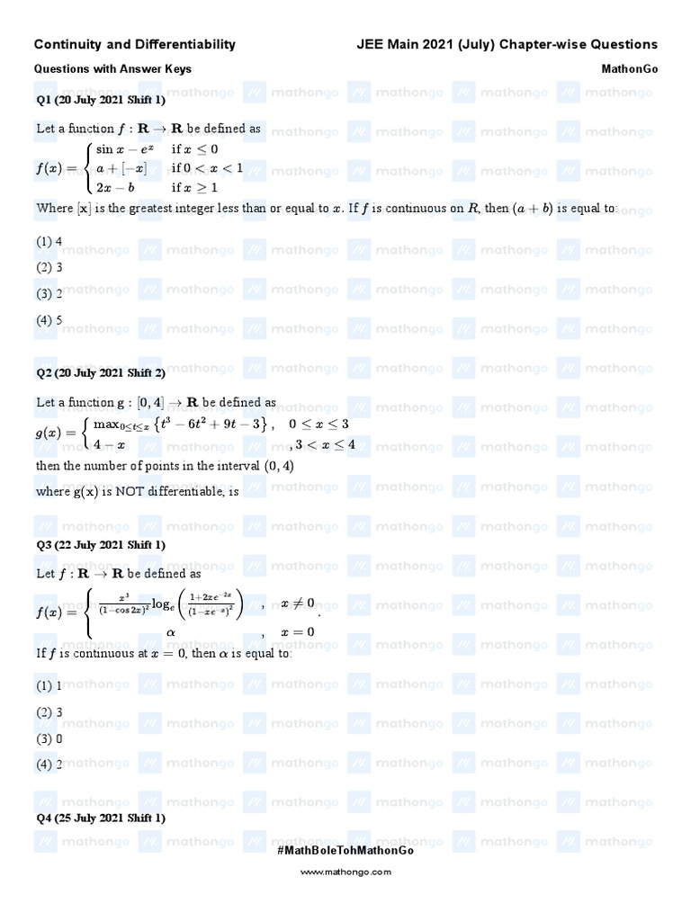 JEE Main 2021: Continuity & Differentiability | PDF | Algebra ...