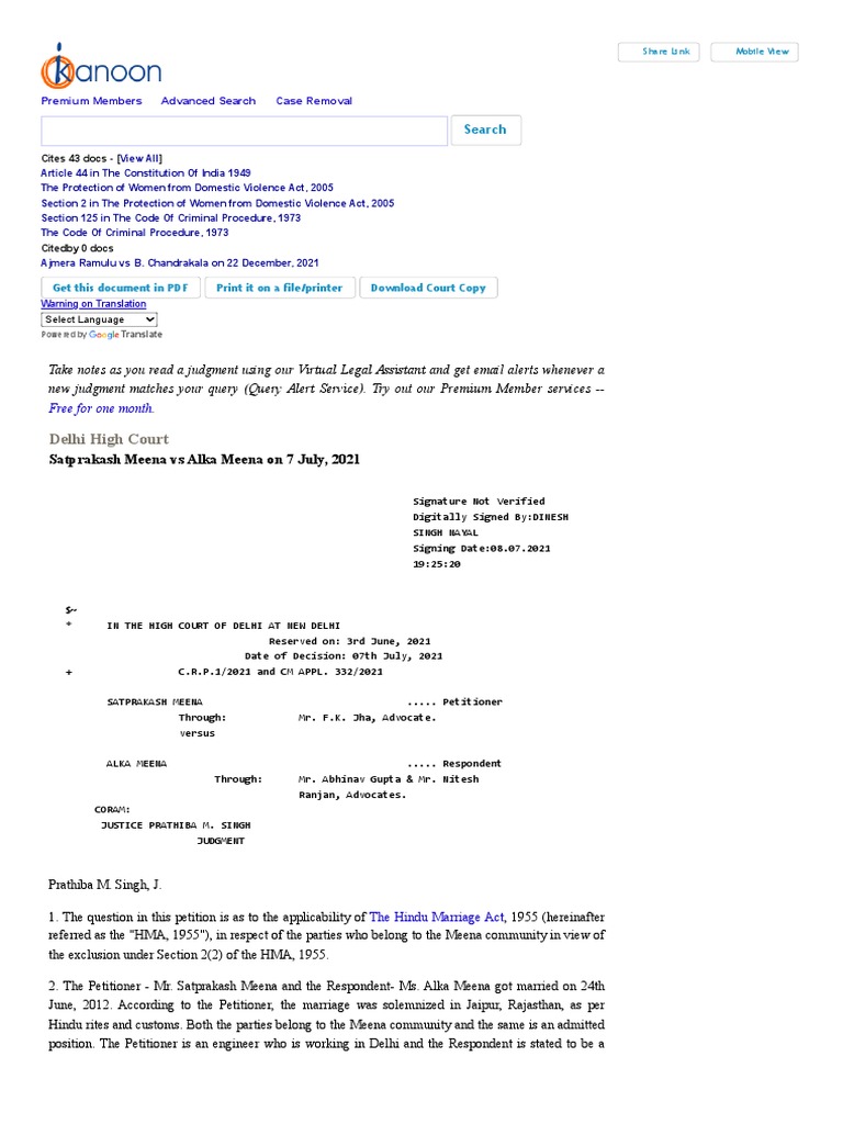 Satprakash Meena Vs Alka Meena On 7 July, 2021 | PDF | Divorce | Marriage