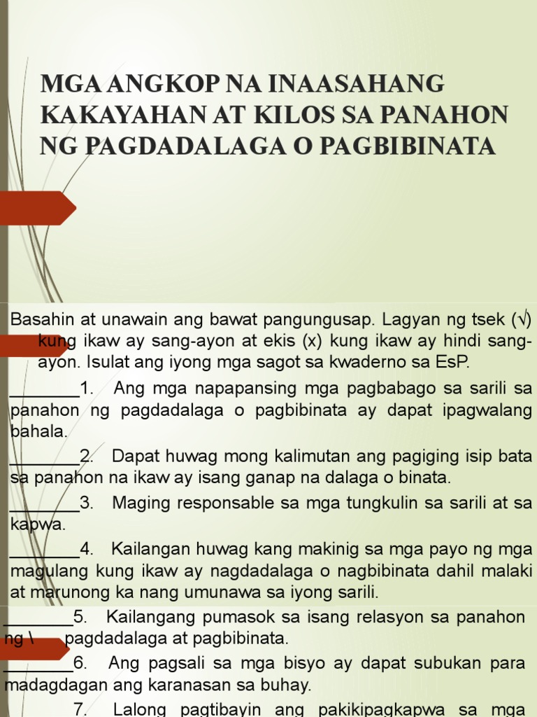 Mga Angkop Na Inaasahang Kakayahan at Kilos Sa Panahon NG Pagdadalaga O Pagbibinata | PDF