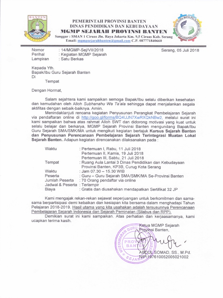 Surat MGMP Untuk Guru Sejarah Banten | PDF