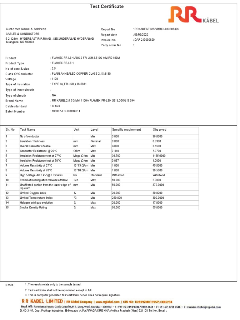 MR-001 Test Certificate | PDF | Electrical Resistivity And Conductivity ...