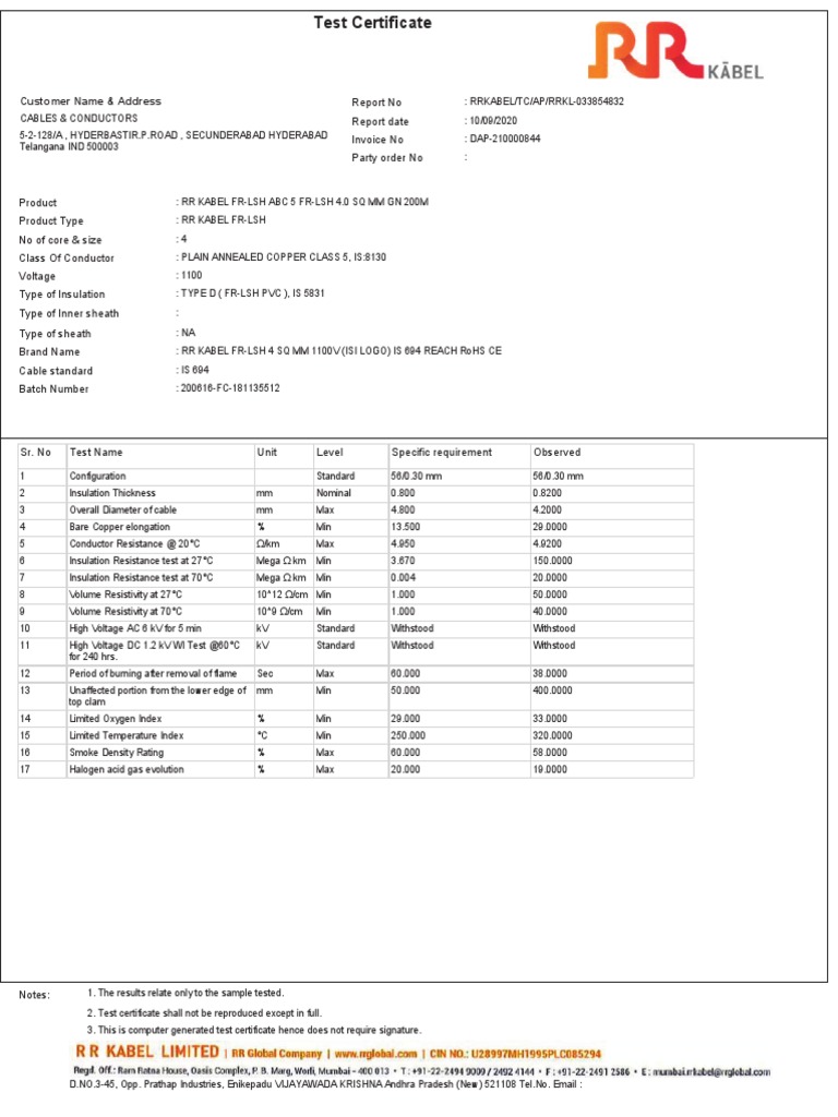 Mr-001 Test Certificate | PDF | Insulator (Electricity) | Electrical ...