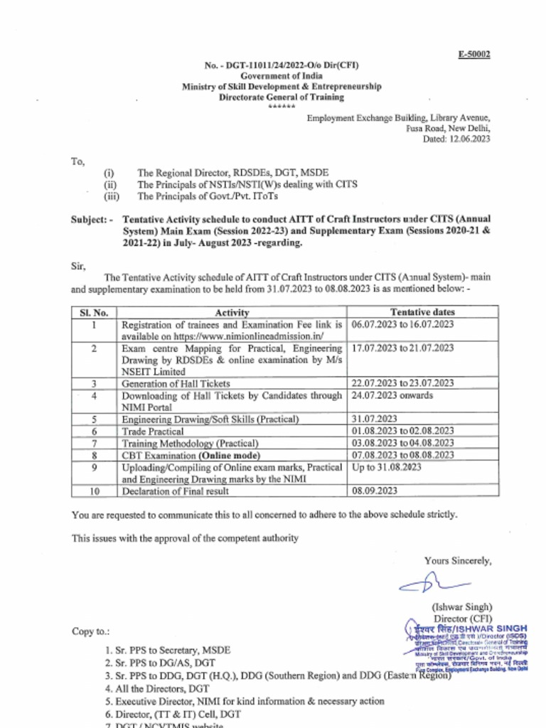 Tentative Activity Schedule To Conduct AITT of Craft Instructors Under ...