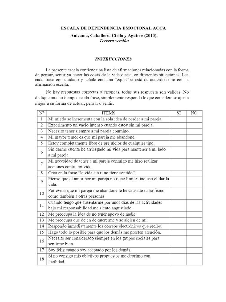 Escala de Dependencia Emocional Acca - TOAZ - INFO | PDF