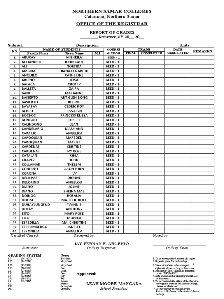 BEED Report of Grades 20__-20__ | PDF