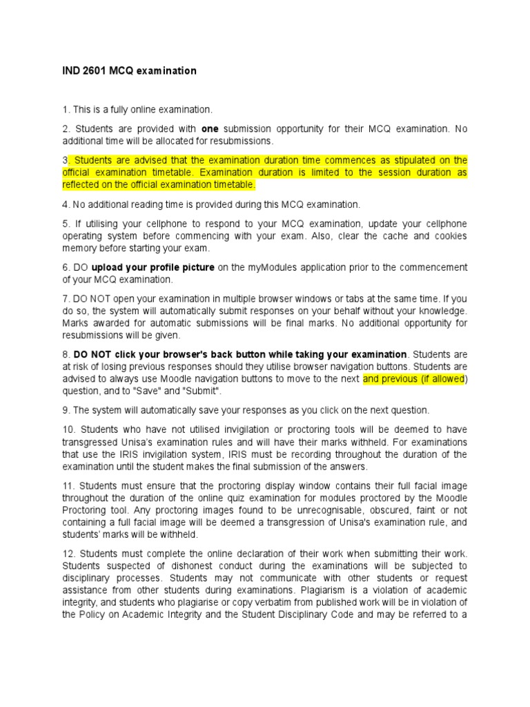 IND 2601 MCQ Examination | PDF | Multiple Choice | Plagiarism