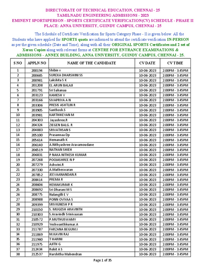 TNEA Sports Schedule Phase II | PDF | Tamil Cinema | Cinema Of India