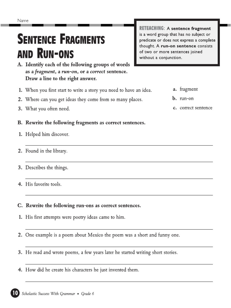 Sentences, Run-Ons, Fragments - Student Ver | PDF