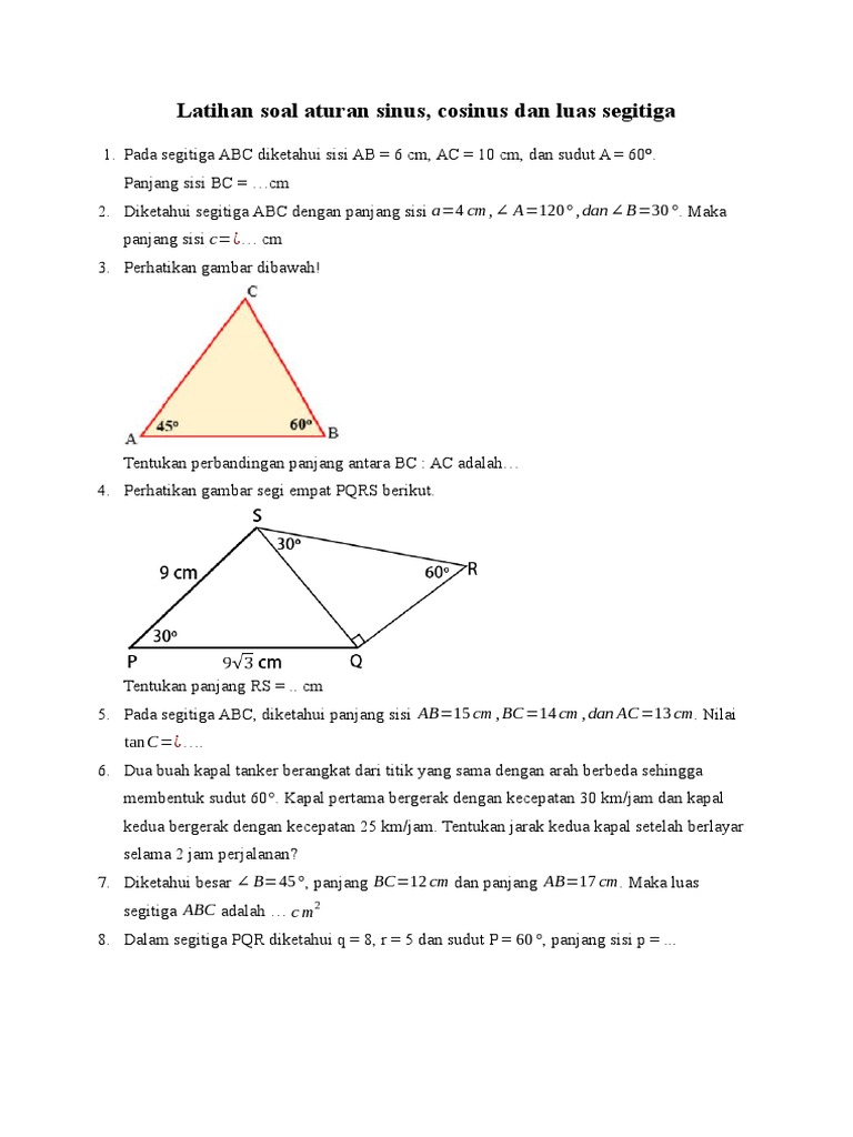 Latihan Soal Aturan Sinus, Cosinus, Luas Segitiga | PDF