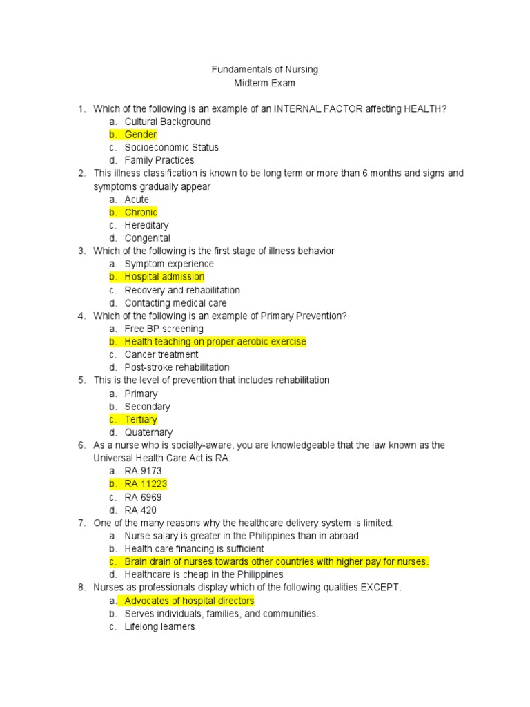 Fundamentals of Nursing (Midterm Exam) | PDF | Health Care | Nursing Fundamentals of Nursing (Midterm Exam) | PDF | Health Care | Nursing