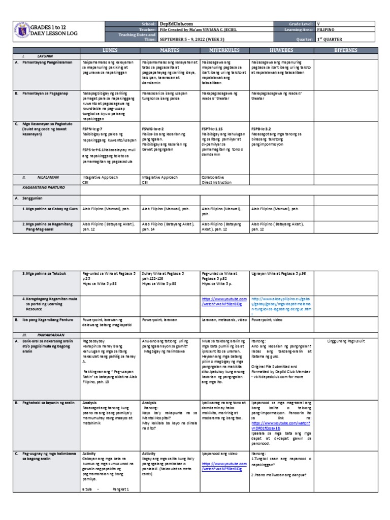DLL - Filipino 5 - Q1 - W3 | PDF