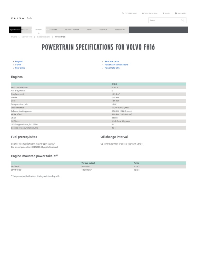 Volvo FH16 Specifications Overview | PDF | Horsepower | Manufactured Goods