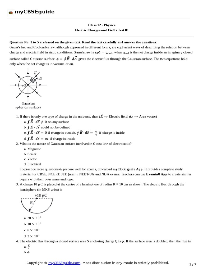 12 Physics Electricchargesfield Tp01 | PDF | Flux | Electric Charge