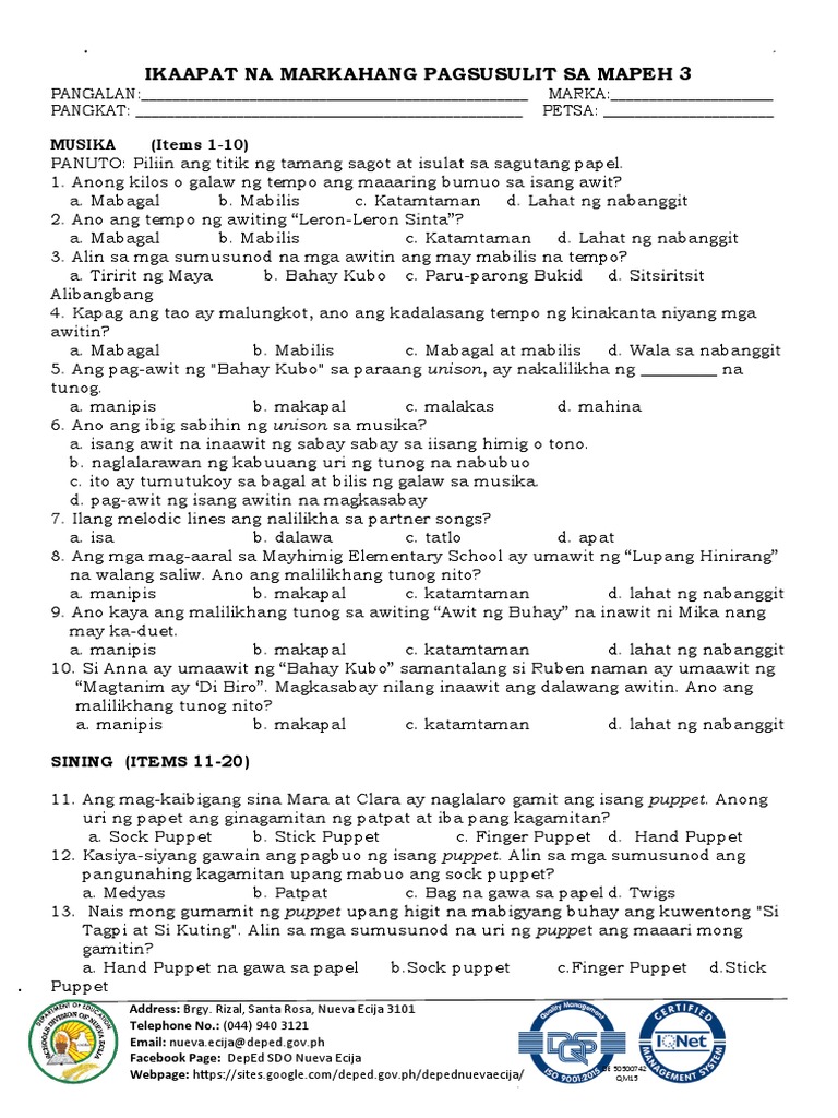 Grade 3 4TH QUARTER MAPEH Final | PDF