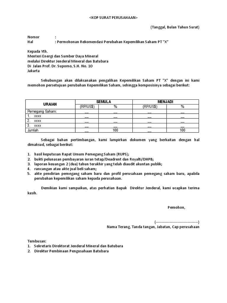 Format Rekomendasi Perubahan Kepemilikan Saham pkp2b | PDF | Hukum ...