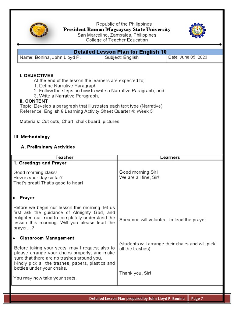 Develop A Paragraph That Illustrate Each Text Type. | PDF | Narrative | Lesson Plan