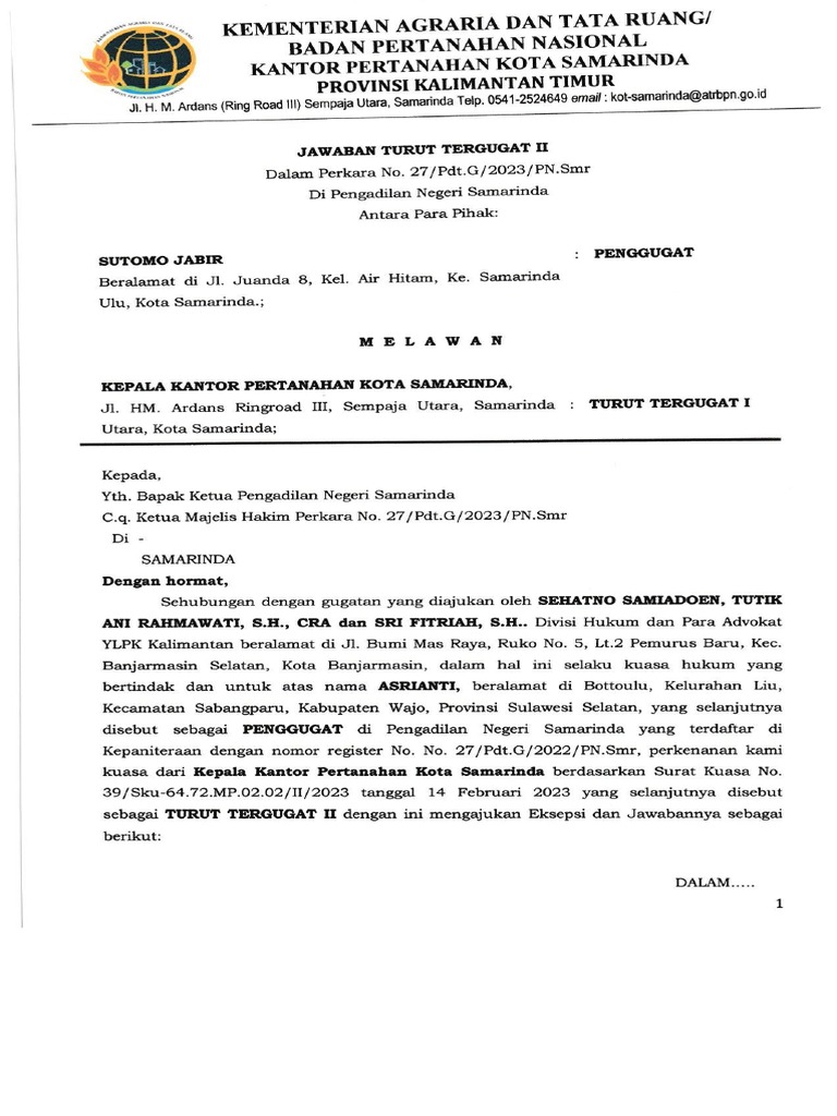 Jawaban Turut Tergugat I 270001 | PDF