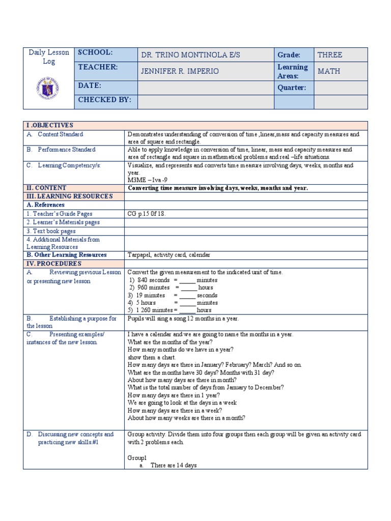 Grade 3 COT Math Q4 | PDF | Learning | Teachers