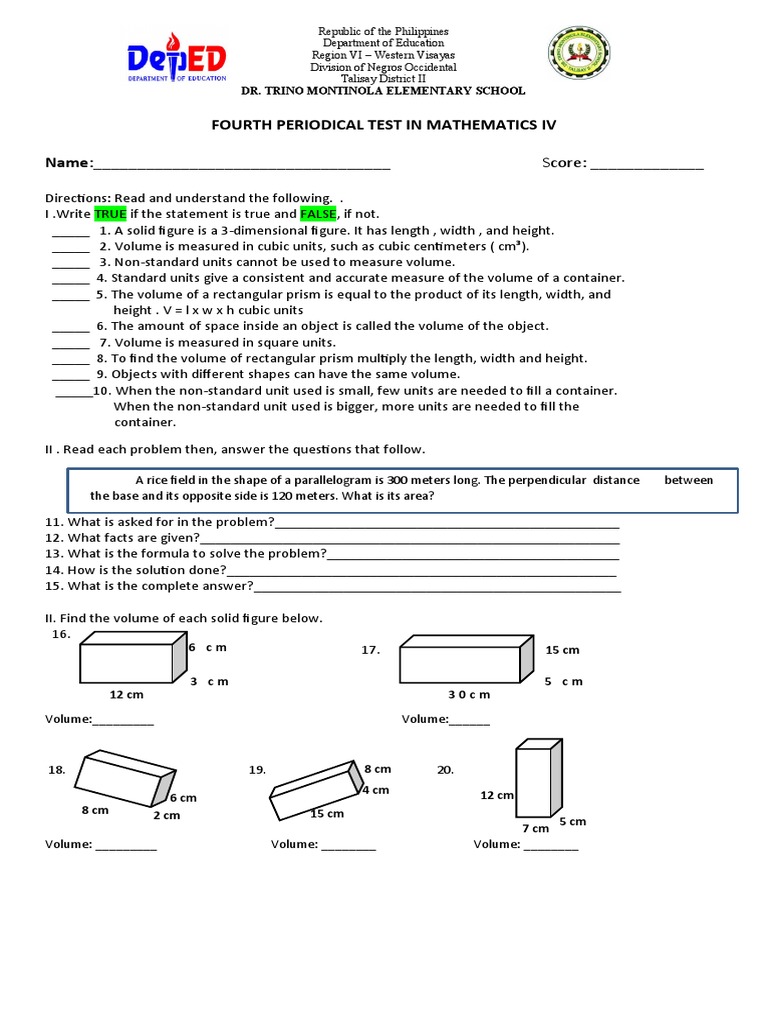 PT - Mathematics 4 - Q4 | PDF | Area | Volume