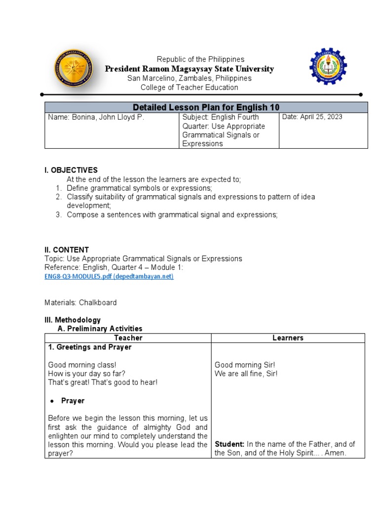 Use Appropriate Grammatical Signals or Expressions To Each Pattern of ...