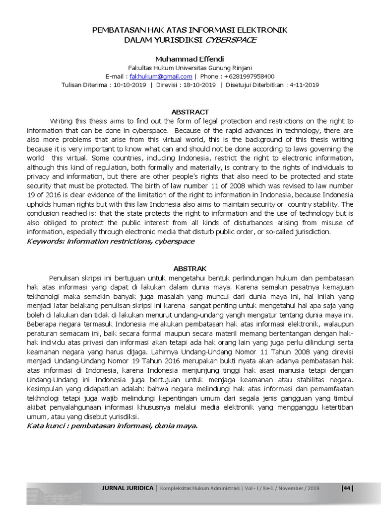 Pembatasan Hak Atas Informasi Elektronik Dalam Yurisdiksi Cyberspace | PDF