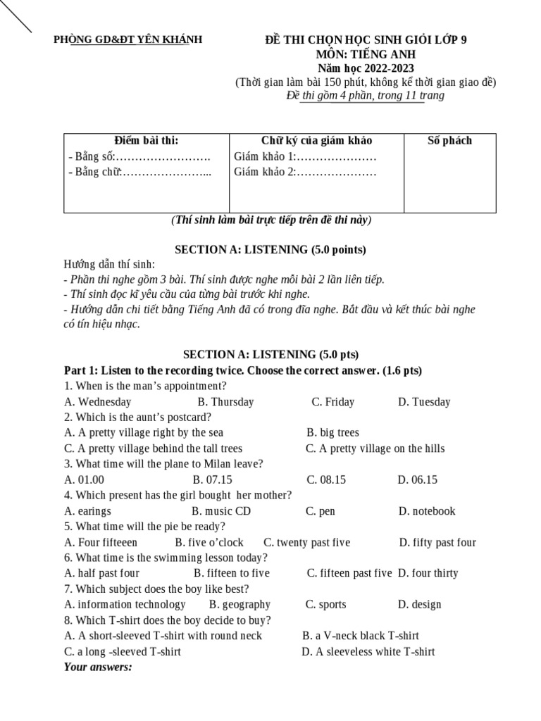 Đề chọn HSG anh 9 năm học 2022 2023 có file nghe THCS TT YENNINH-HSG9 | PDF | Santa Claus | Volcano