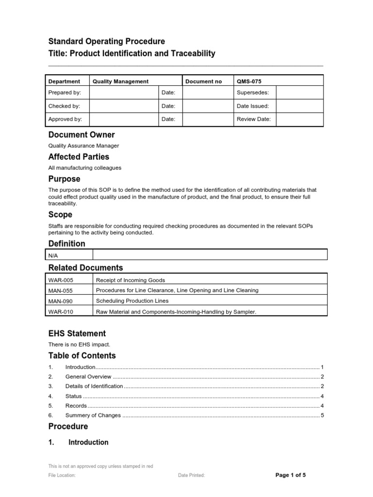 Product Identification & Traceability SOP | PDF | Warehouse | Business