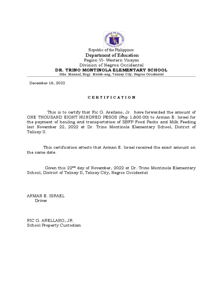 Certification for SBFP NFP MILK | PDF