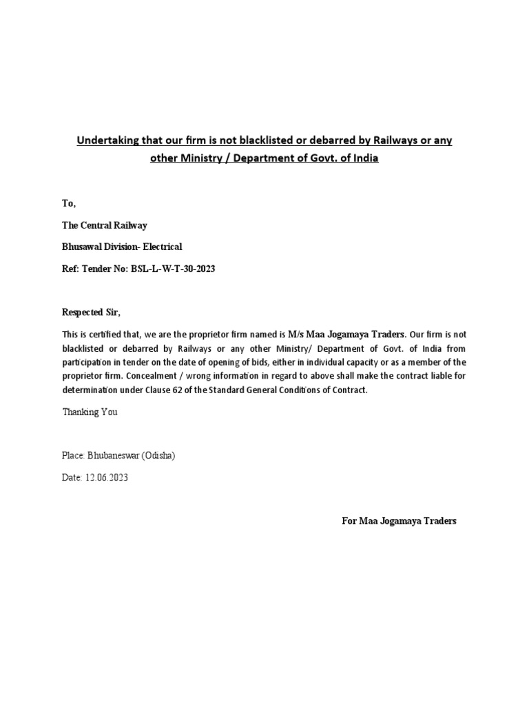 Undertaking For Not Blacklisted | PDF